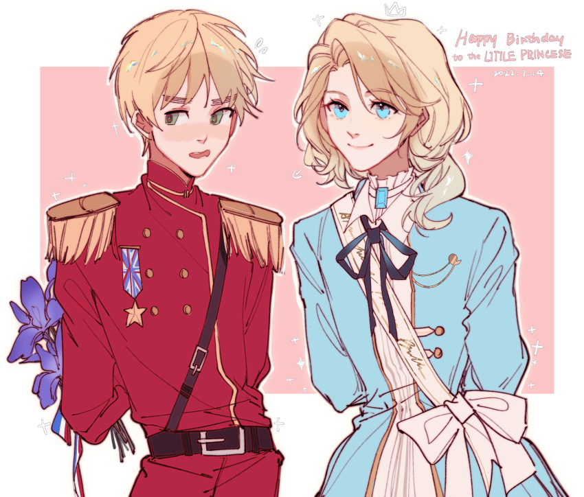 Safebooru - 2boys @ @ arms behind back award ribbon axis powers hetalia belt blonde hair blue ...