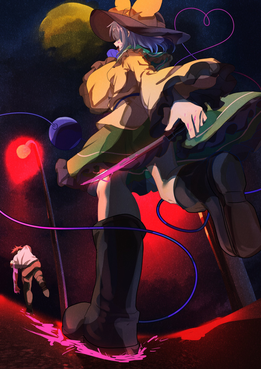 Safebooru - 1girl 1other absurdres black footwear black hat blood blood on knife boots chasing ...