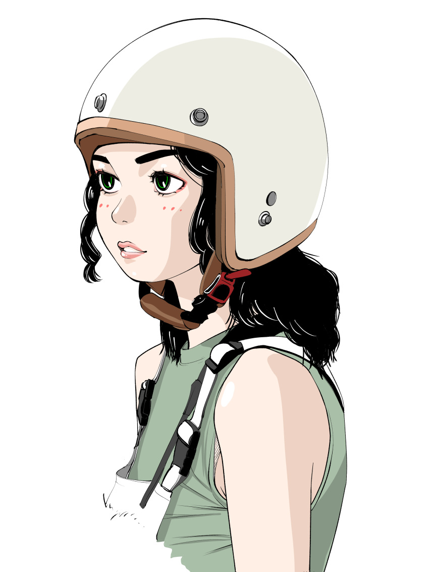 Safebooru - 1girl absurdres black hair blush green eyes helmet highres lipstick long hair makeup ...