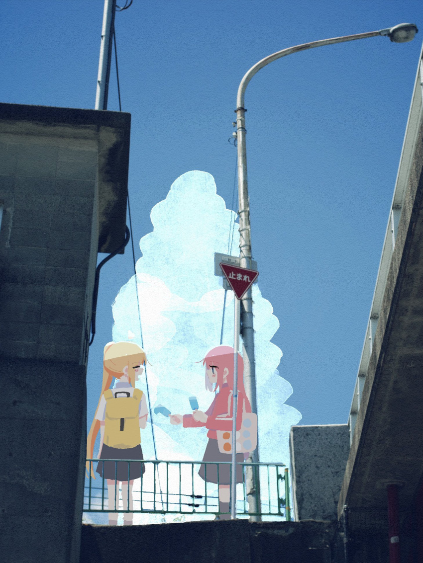 Safebooru - 2girls backpack bag blonde hair blue eyes blue sky blush bocchi the rock! building ...