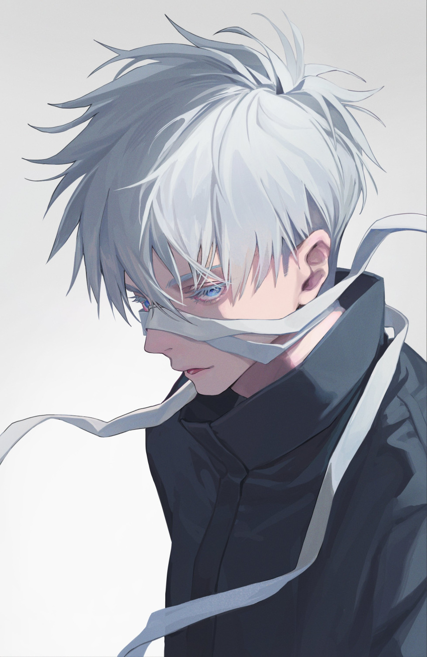 Safebooru - 1boy absurdres black jacket blue eyes gojou satoru grey background highres jacket ...