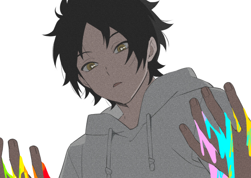 Safebooru - 1boy :d amou tsukihiko black hair hoodie looking at hand ...