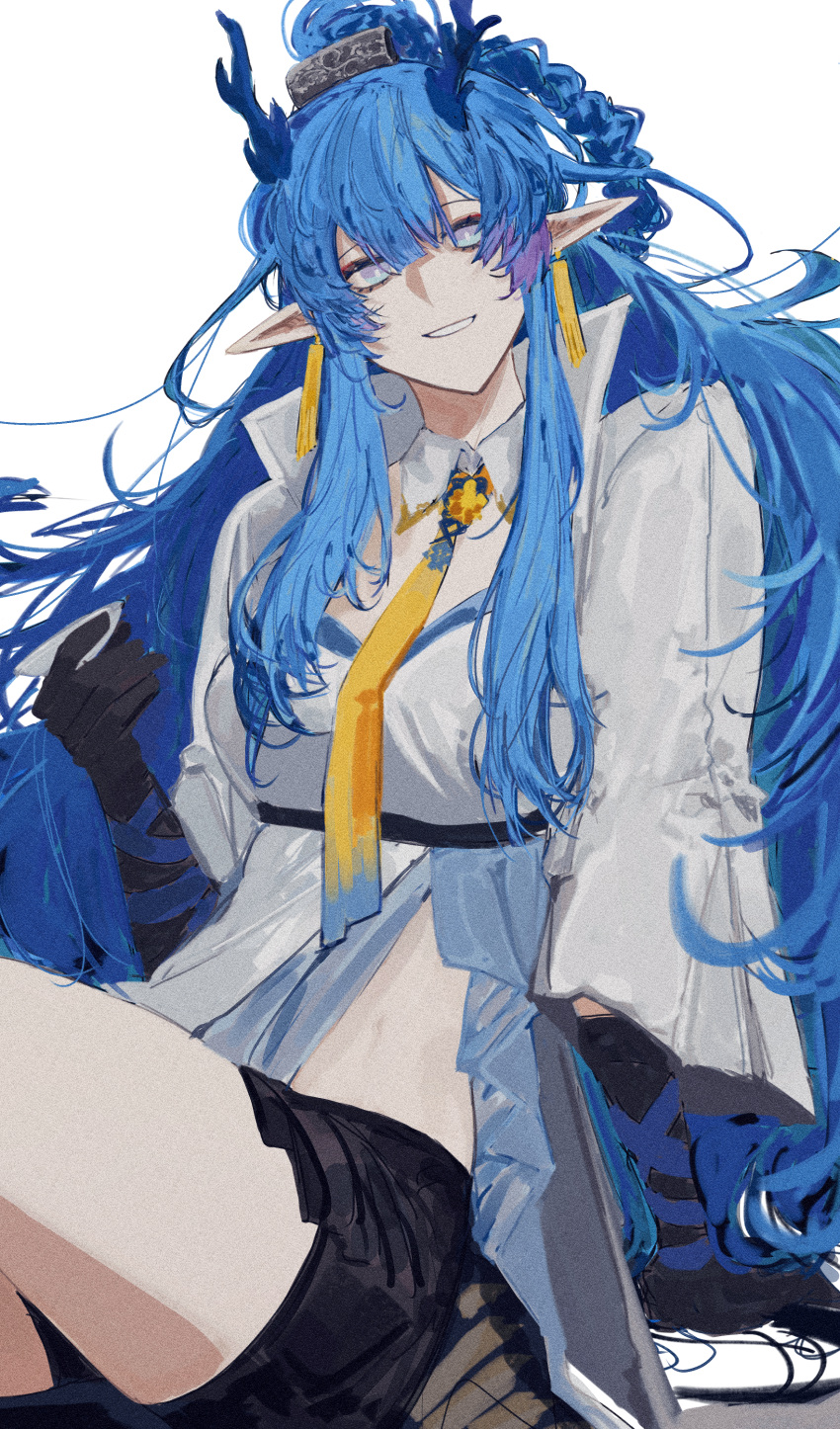 Safebooru - 1girl absurdres arknights black gloves black shorts blue eyes blue hair braid coat ...