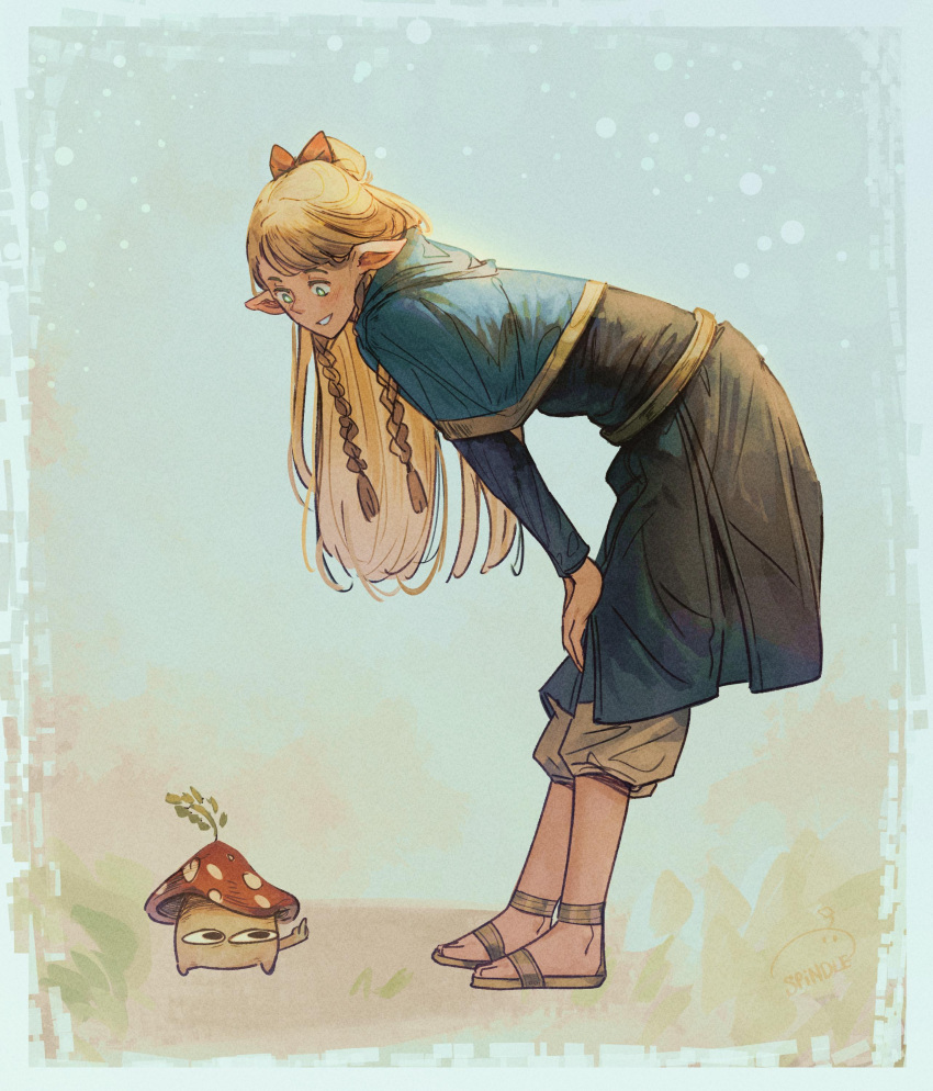 Safebooru - 1girl absurdres aidenr0 bent over blonde hair blue capelet bow braided sidelock ...