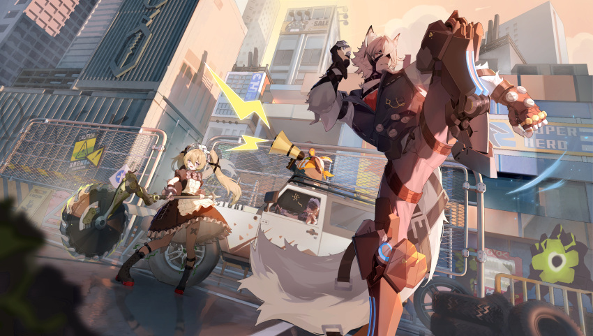 Safebooru - 1boy 2girls absurdres animal bag apron bandaid bandaid on leg bangboo (zenless zone ...