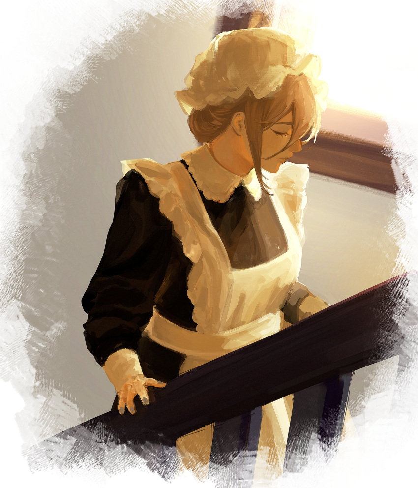 Safebooru - 1girl absurdres alternate costume aponia (honkai impact) apron black dress brown ...