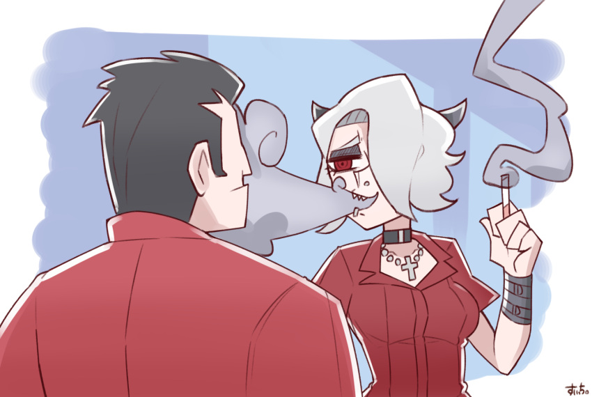 Safebooru - 1boy 1girl black collar black hair cigarette collar commentary request cross demon ...