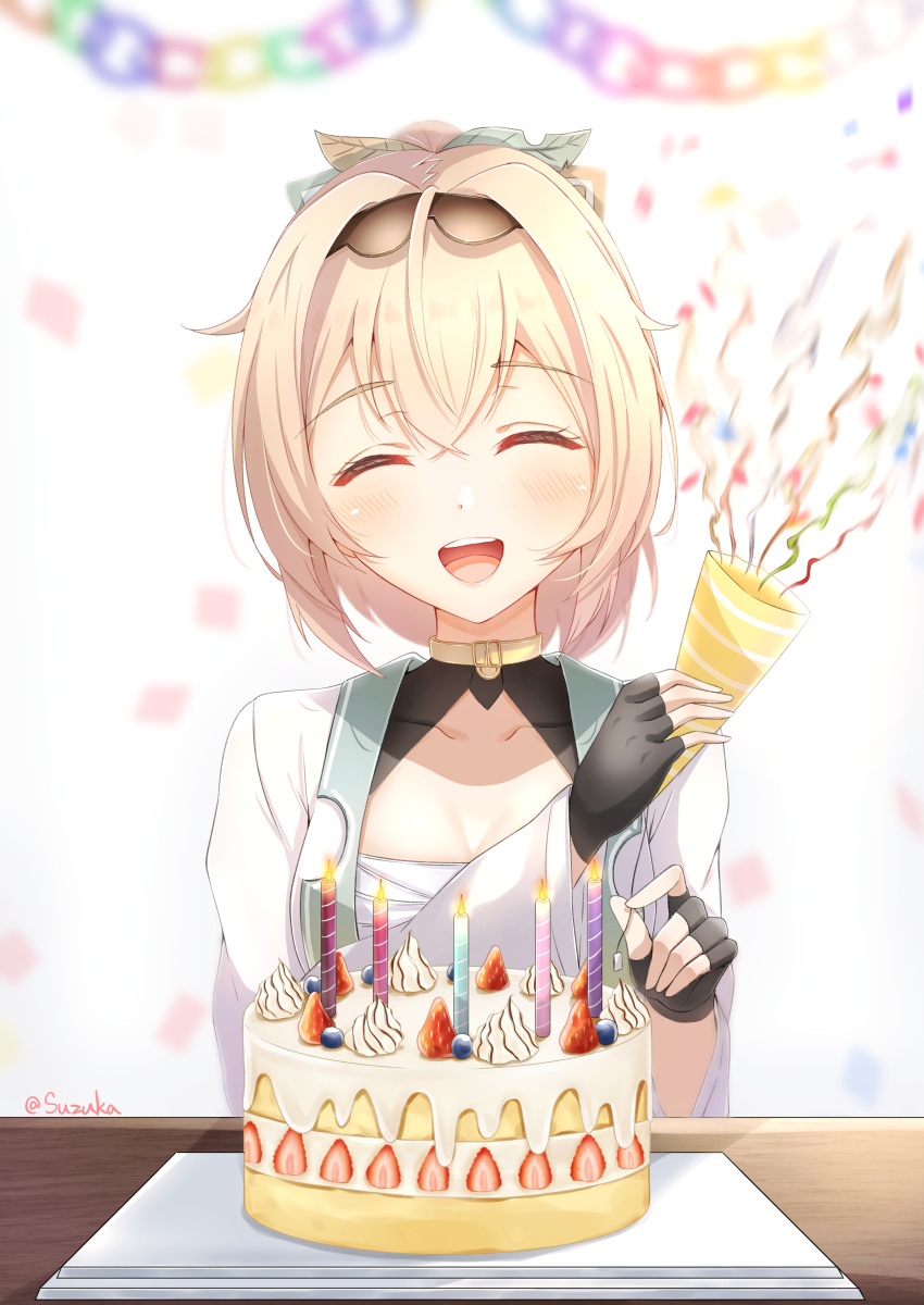 Safebooru - 1girl absurdres birthday cake black gloves blonde hair blush cake candle chest ...