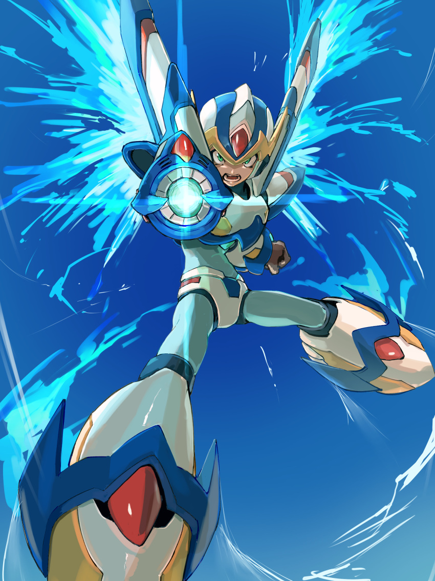 Safebooru - 1boy absurdres aiming aiming at viewer android armor blue background blue sky falcon ...
