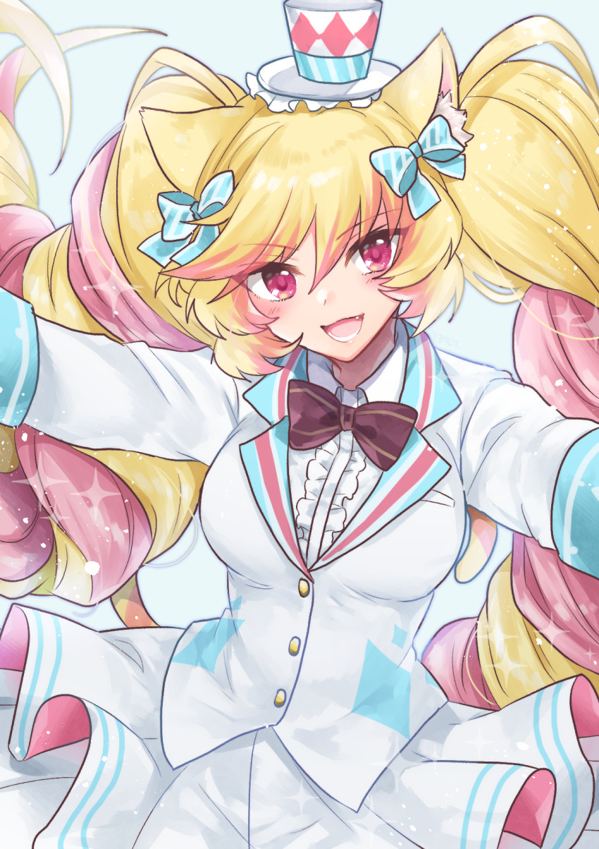 Safebooru - 1girl :d alternate costume animal ears black bow black bowtie blonde hair blue ...