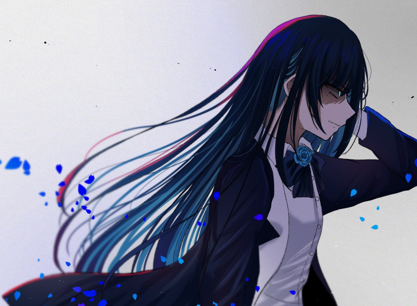 Safebooru - 1girl ado (utaite) black bow black bowtie black coat black hair blue eyes blue ...