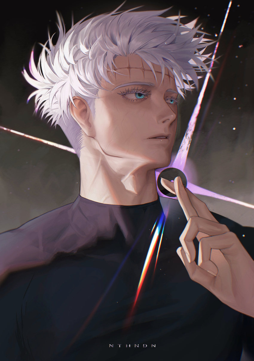 Safebooru - 1boy absurdres black shirt blue eyes gojou satoru highres ...