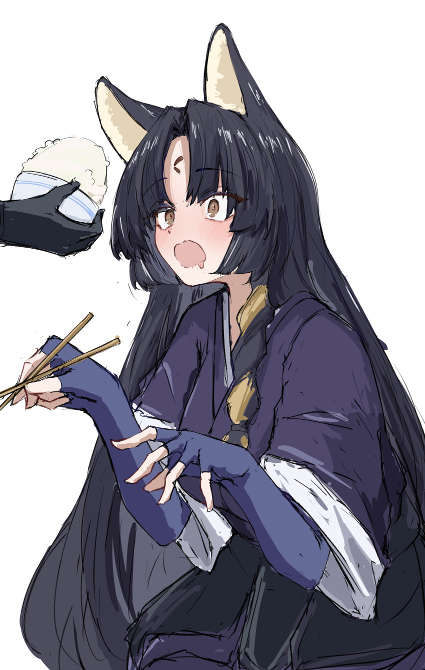 Safebooru - 1girl 1other absurdres animal ears arknights black hair blush bowl brown eyes ...