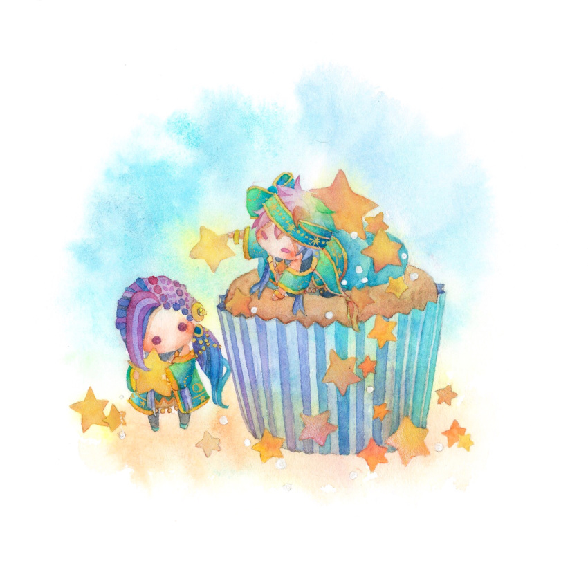 Safebooru - 2boys blue background chibi coat cupcake food full body ...