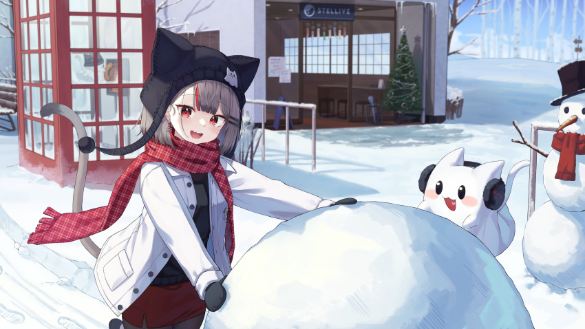 Safebooru - 1girl :d absurdres animal ears beanie bench black beanie black hat black mittens ...