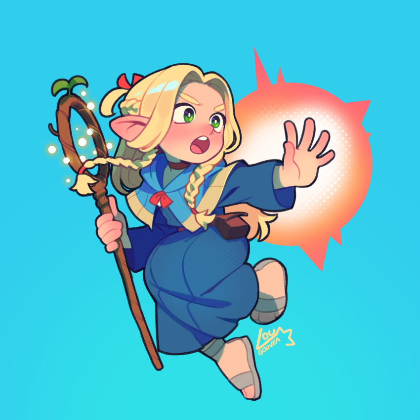 Safebooru - 1girl ambrosia (dungeon meshi) aqua background blonde hair blue capelet blue robe ...