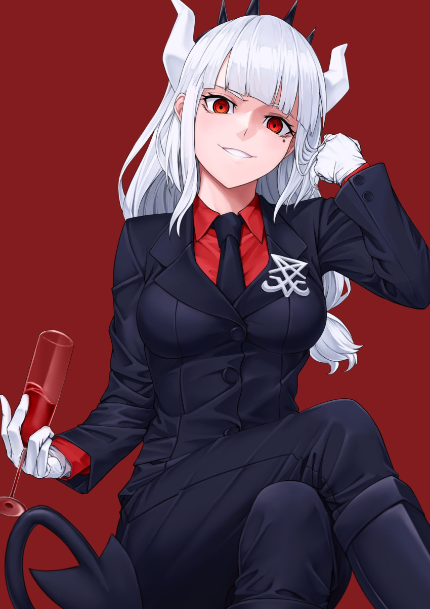 Safebooru - 1girl black necktie black suit crossed legs cup demon girl ...