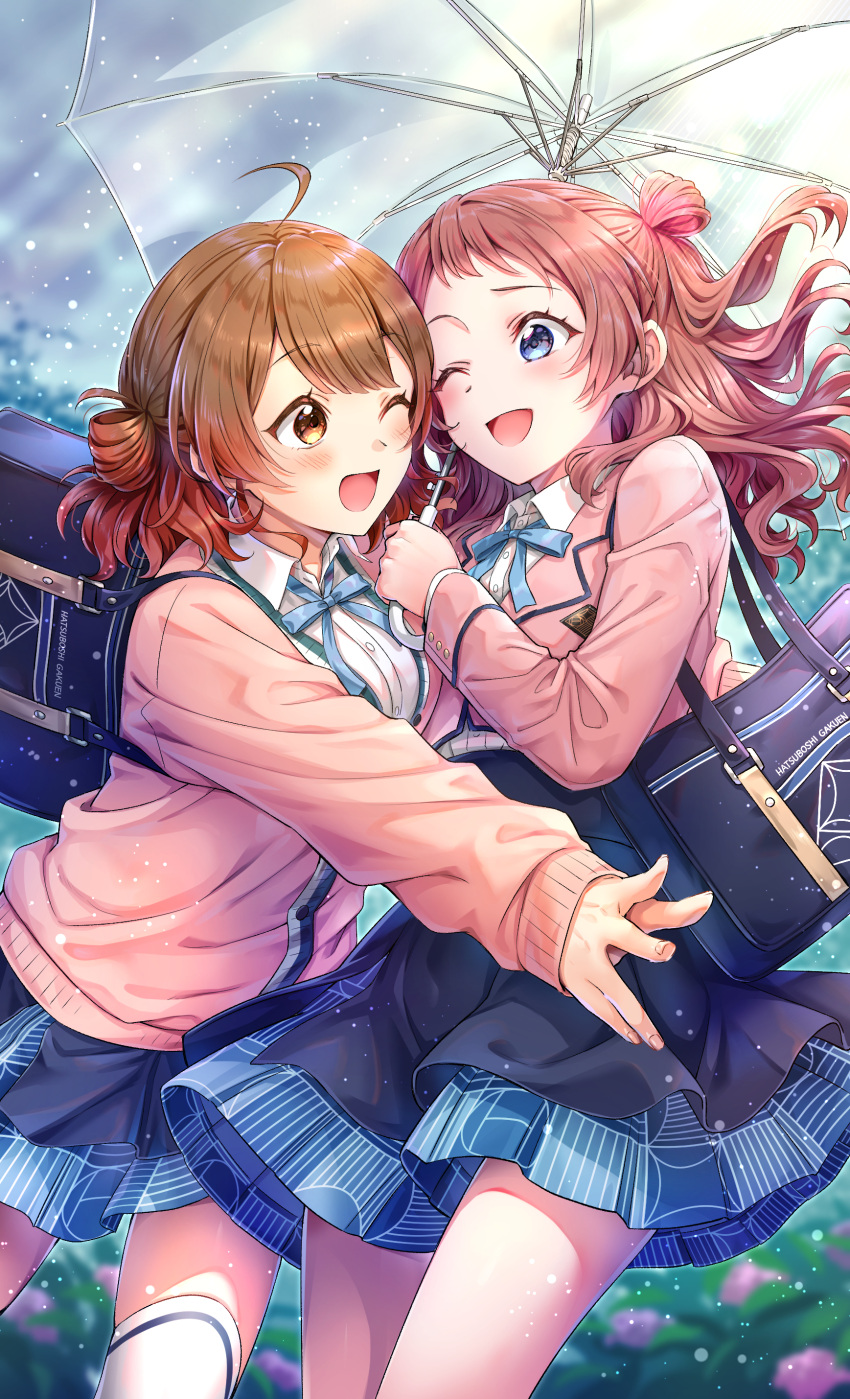 Safebooru - 2girls absurdres ahoge blue eyes blue ribbon blush brown hair commentary request ...