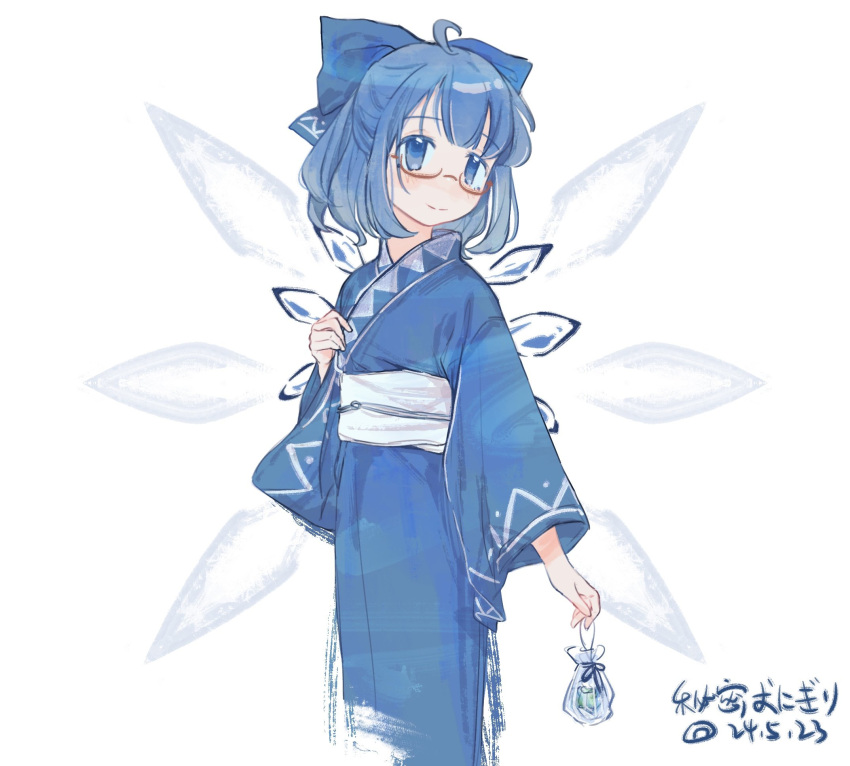 Safebooru - 1girl ahoge bag blue eyes blue hair blue kimono blush bow cirno dated frog glasses ...