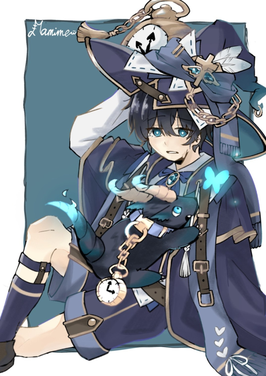 Safebooru - 1boy black hair blue butterfly blue eyes border bug butterfly clock full body hat ...