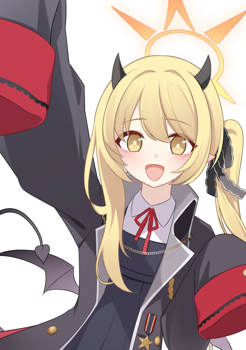 Safebooru - 1girl absurdres arm up black coat black dress black horns black tail black wings ...
