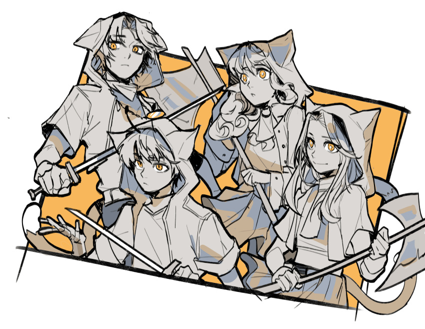 Safebooru - 2boys 2girls absurdres alternate costume animal ears animal hood antennae axe border ...