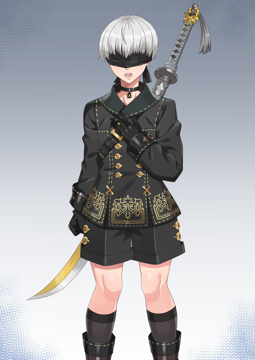 Safebooru - 1boy 1girl 9s (nier:automata) absurdres black blindfold black gloves black shorts ...