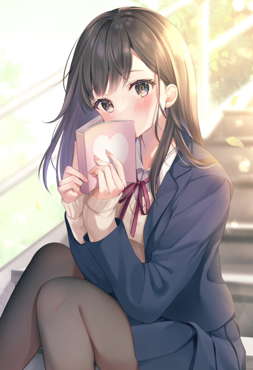 Safebooru - 1girl black hair black pantyhose blazer blue jacket blue skirt blurry blurry ...