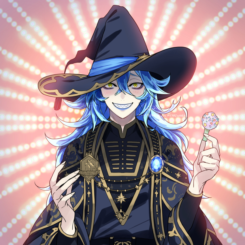 Safebooru - 1boy black robe blue hair candy derivative work fingernails food grin hat highres ...