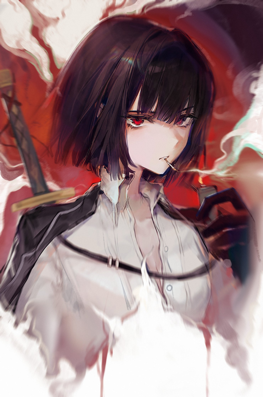 Safebooru - 1girl black gloves black hair black jacket cigarette collared shirt gloves hand up ...