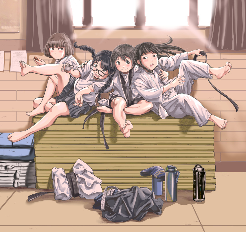 Safebooru - 4girls absurdres belt black belt braid clothes on floor gym gym uniform highres ...