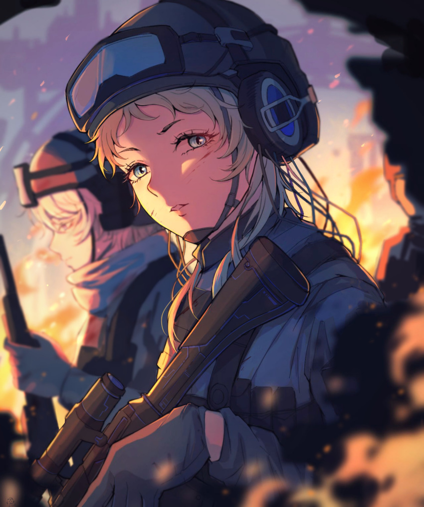 Safebooru - 1boy 1other alternate costume androgynous blue eyes combat helmet fire from side ...