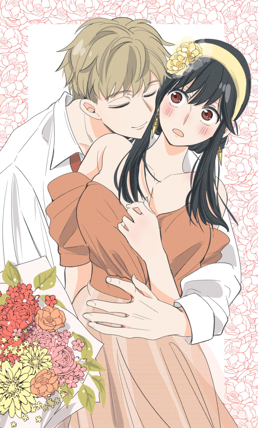 Safebooru - 1boy 1girl :o absurdres alex (sandora) alternate costume bare shoulders black hair ...