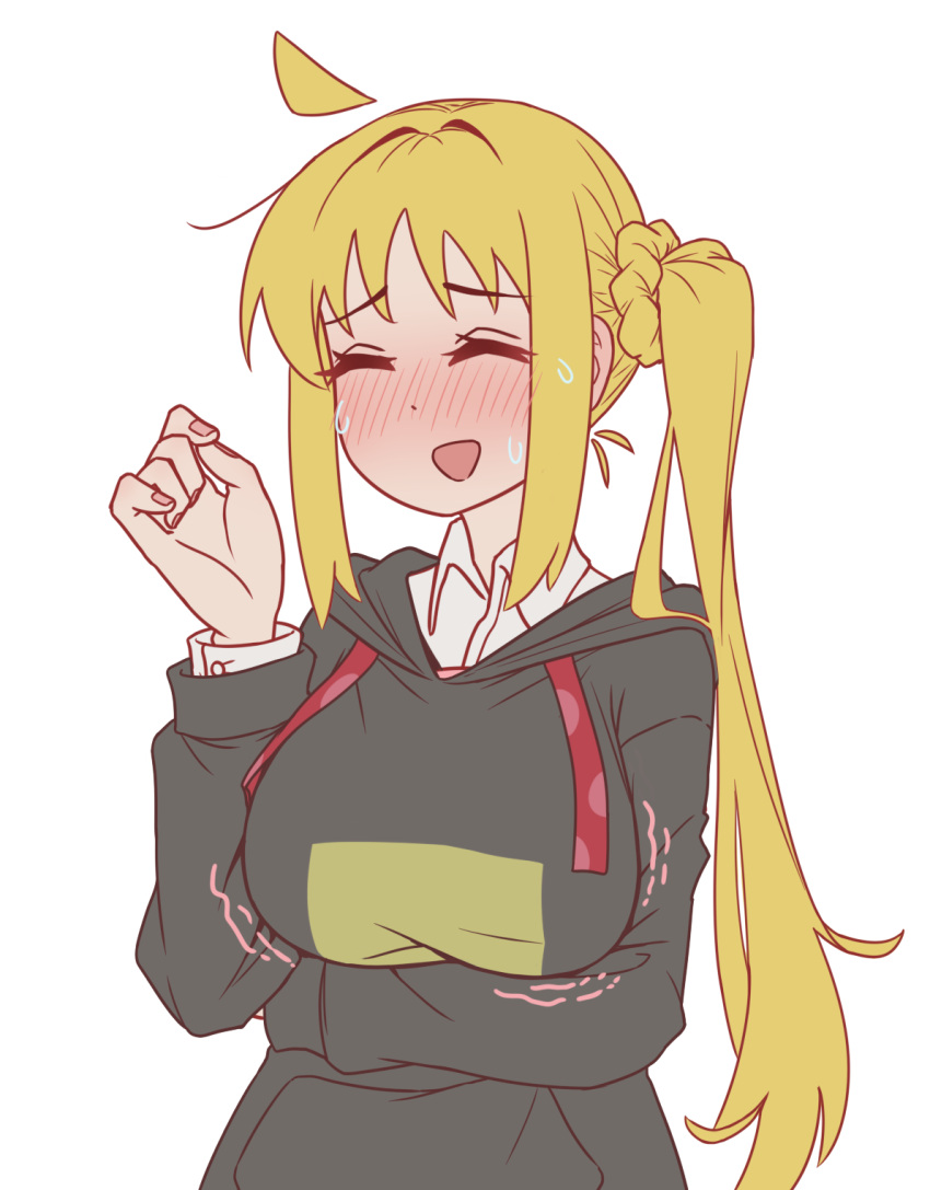 Safebooru - 1girl :d ^ ^ ahoge arm under breasts black hoodie blonde hair blush bocchi the rock ...