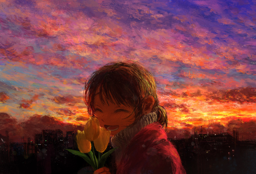 Safebooru - 1girl :d absurdres black hair blue sky blush city cityscape closed eyes clouds ...