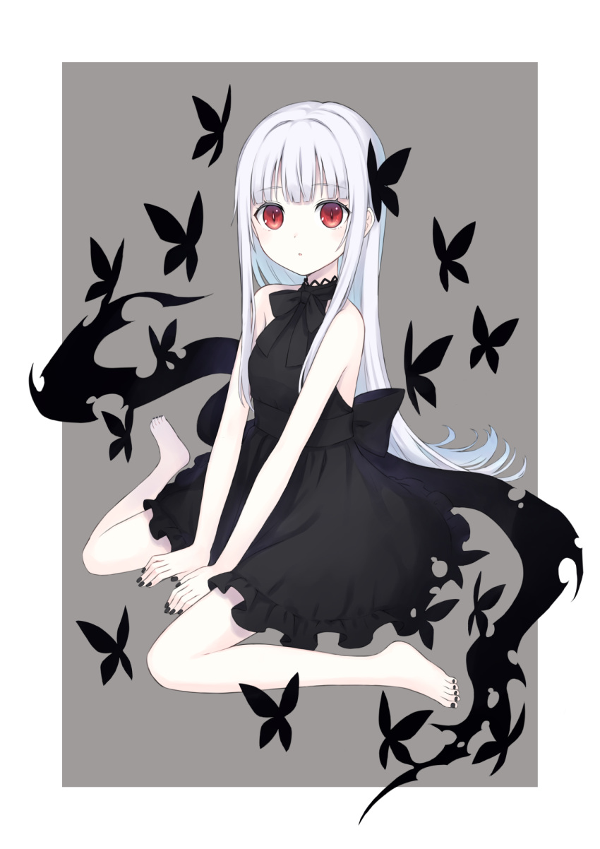 Safebooru - 104 1girl barefoot black dress black nails bug butterfly dress grey background ...