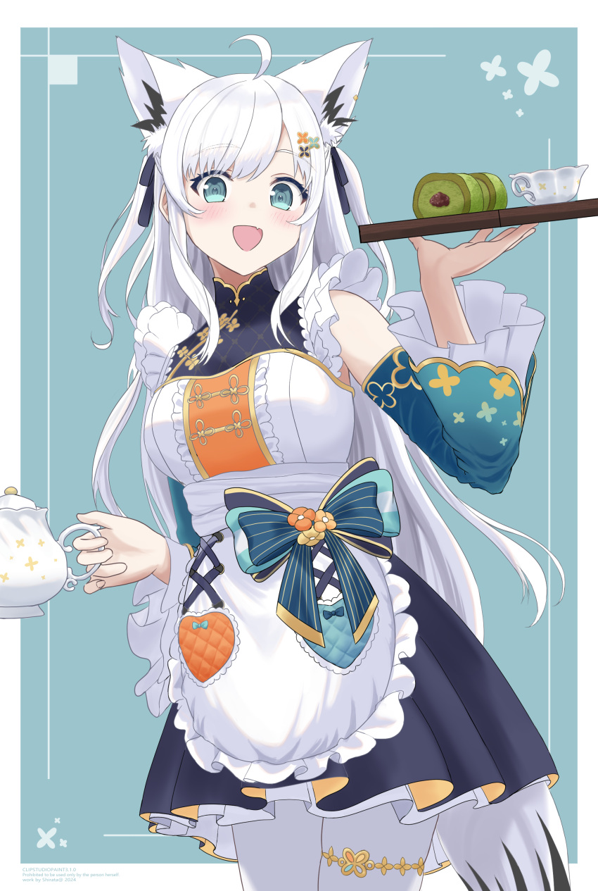 Safebooru - 1girl :d absurdres ahoge animal ear fluff animal ears apron aqua background aqua ...