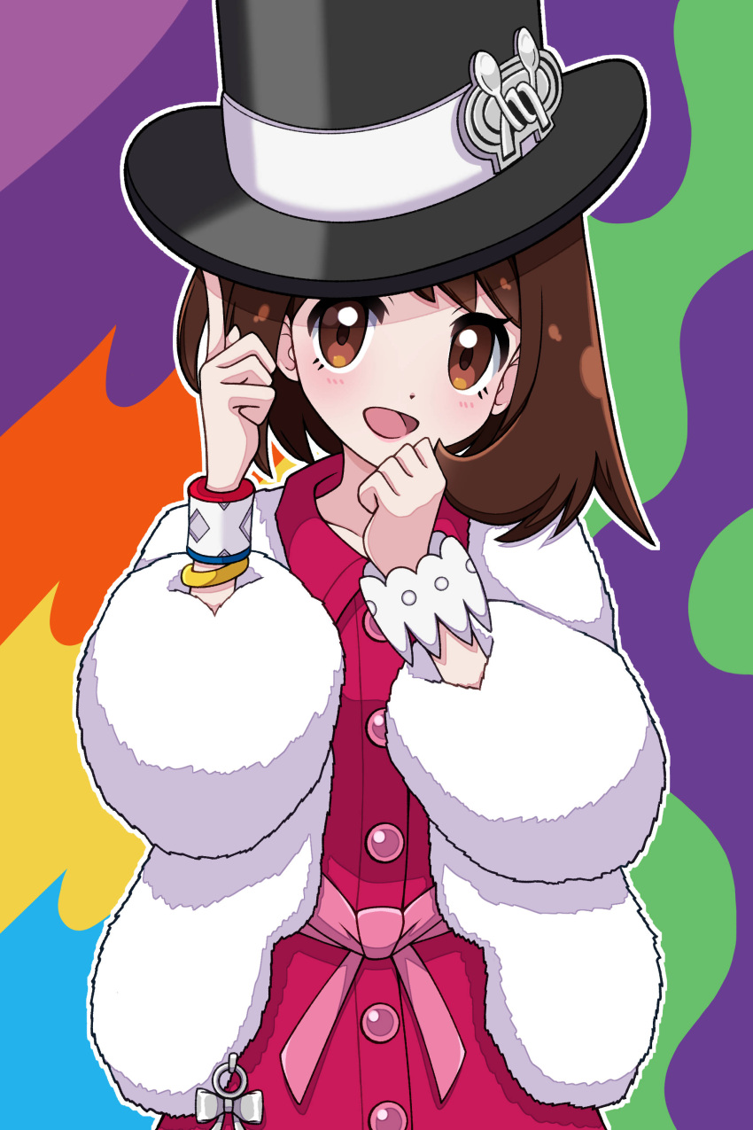 Safebooru - 1girl :d absurdres black hat bracelet brown eyes brown hair ...