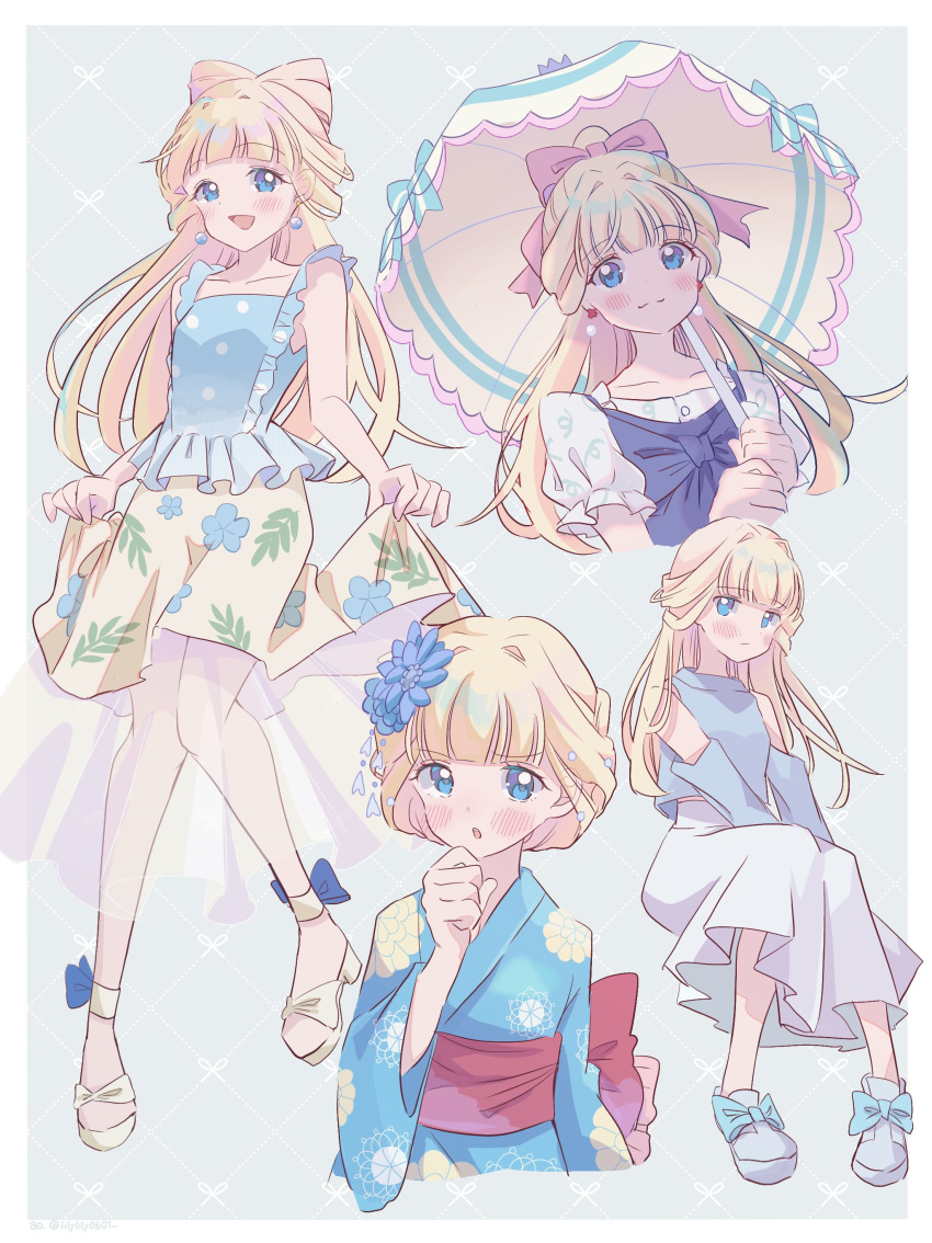 Safebooru - 1girl :d absurdres blonde hair blue eyes blue kimono blush bow commentary request ...