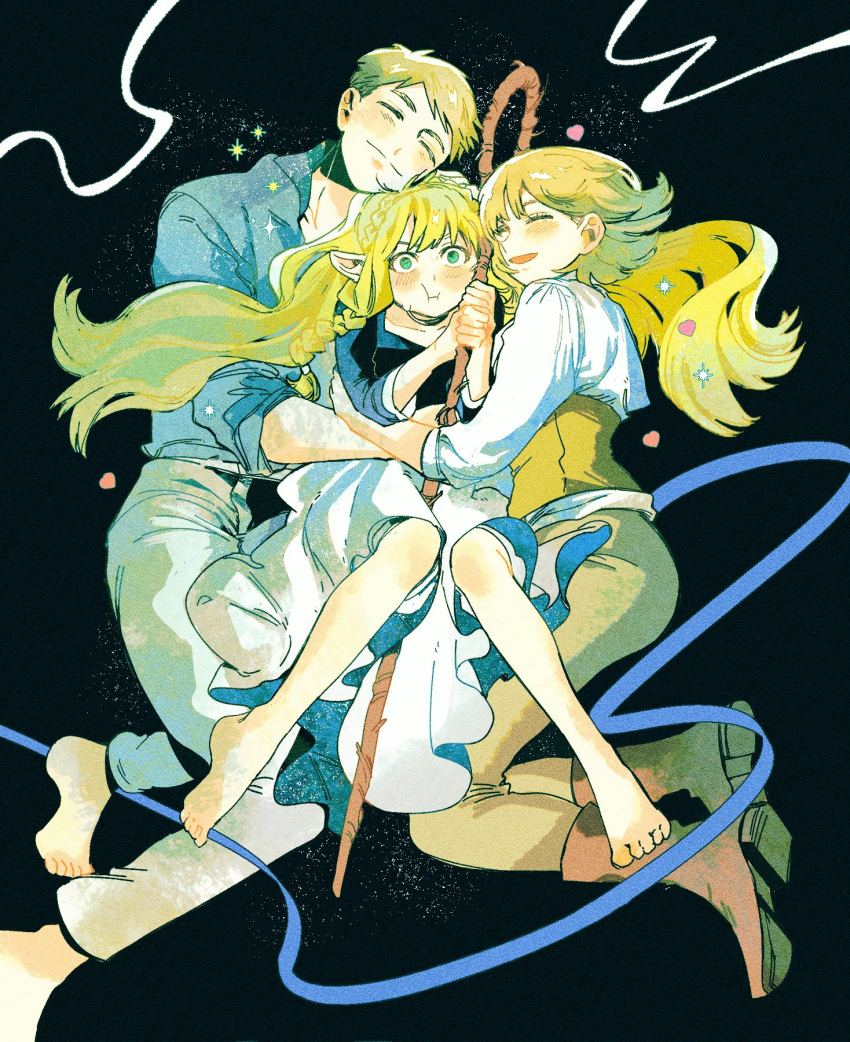 Safebooru - 1boy 2girls :d ^ ^ ambrosia (dungeon meshi) balsang barefoot black background blonde ...