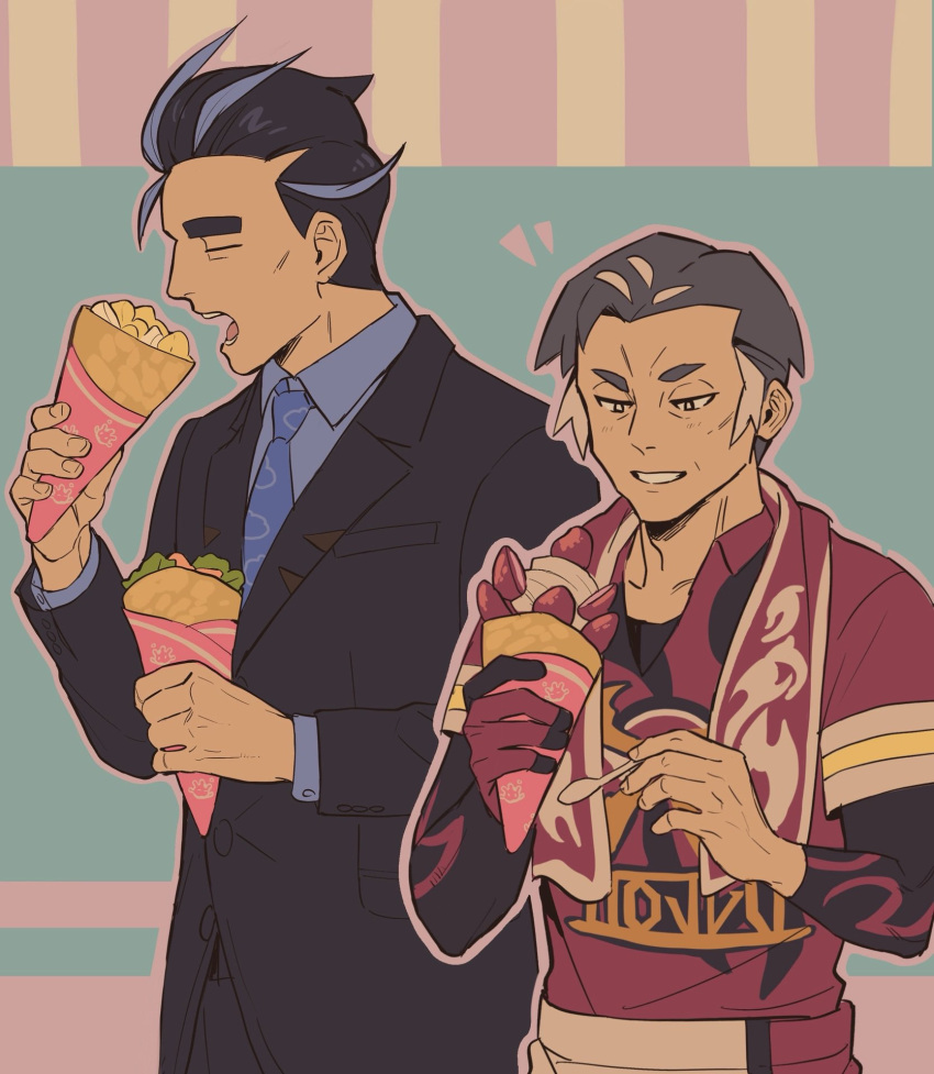 Safebooru - 2boys black eyebrows black hair black suit blue background ...