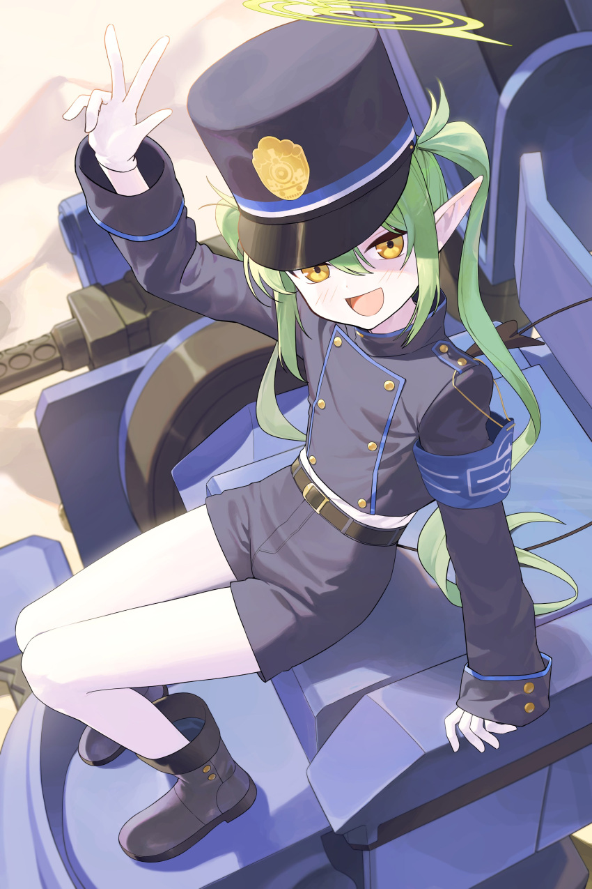 Safebooru - 1girl :d absurdres arm support armband belt belt buckle black belt black footwear ...