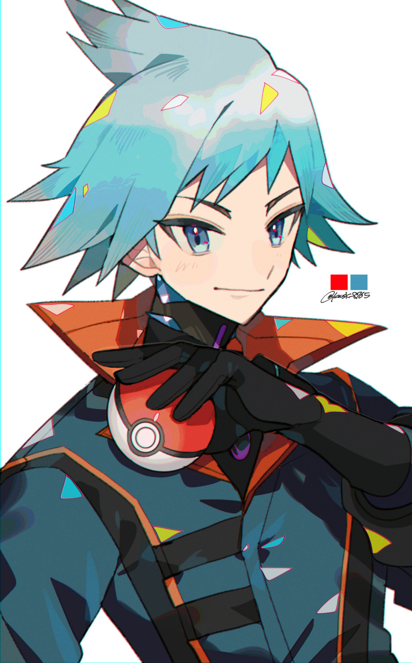 Safebooru - 1boy aqua eyes aqua hair black gloves blush closed mouth coat color guide commentary ...