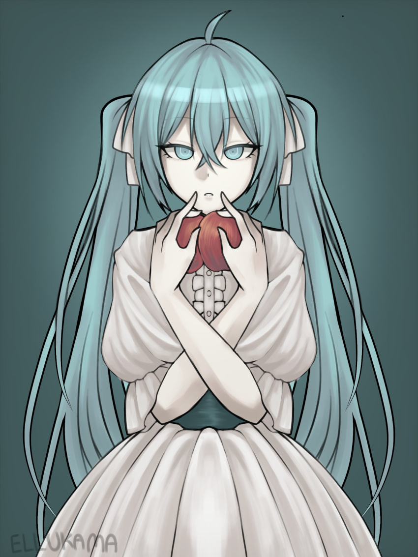 Safebooru - 1girl ahoge apple aqua eyes aqua hair aqua sash colored skin dress elluka ma empty ...
