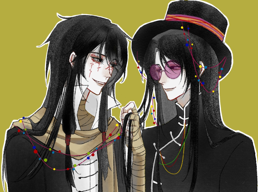 Safebooru - 2boys bandaged arm bandaged neck bandages beads black eyes black hair black hat ...