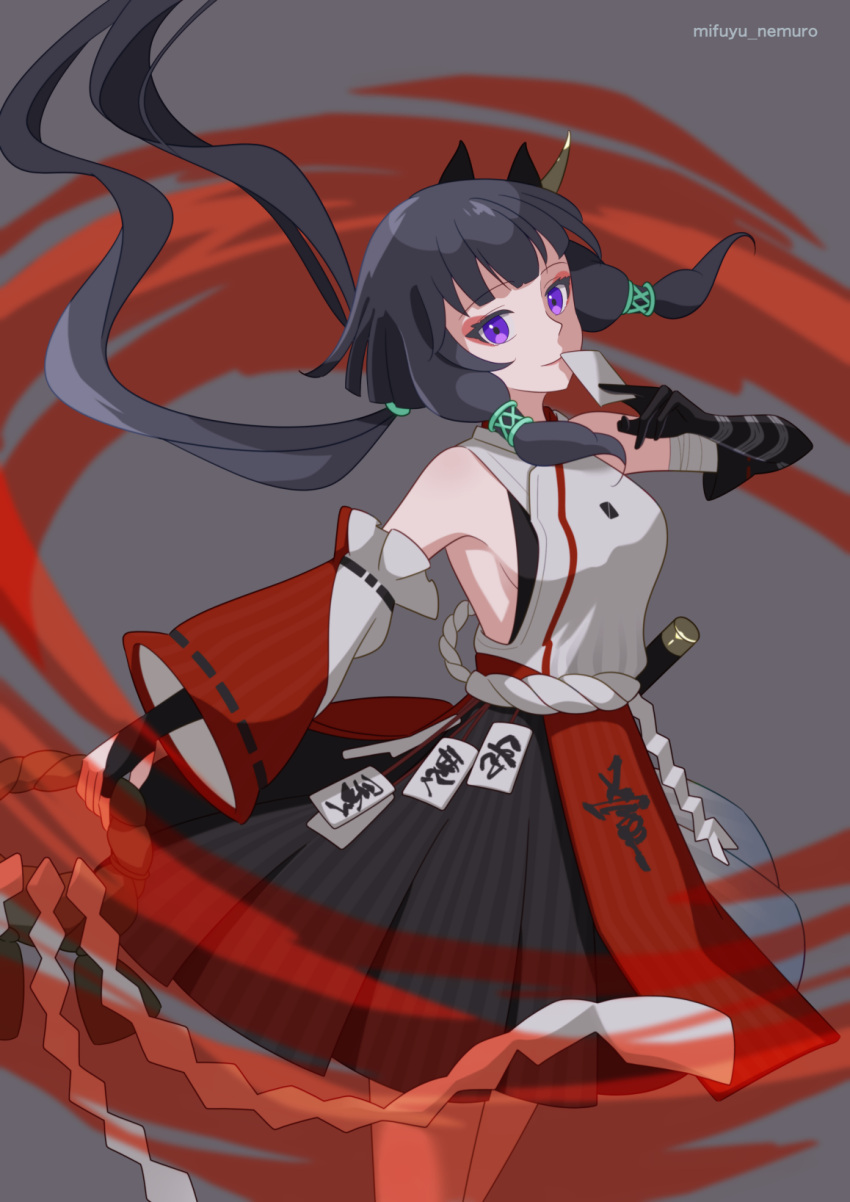 Safebooru - 1girl bandaged arm bandages black hair black skirt detached sleeves elbow gloves ...