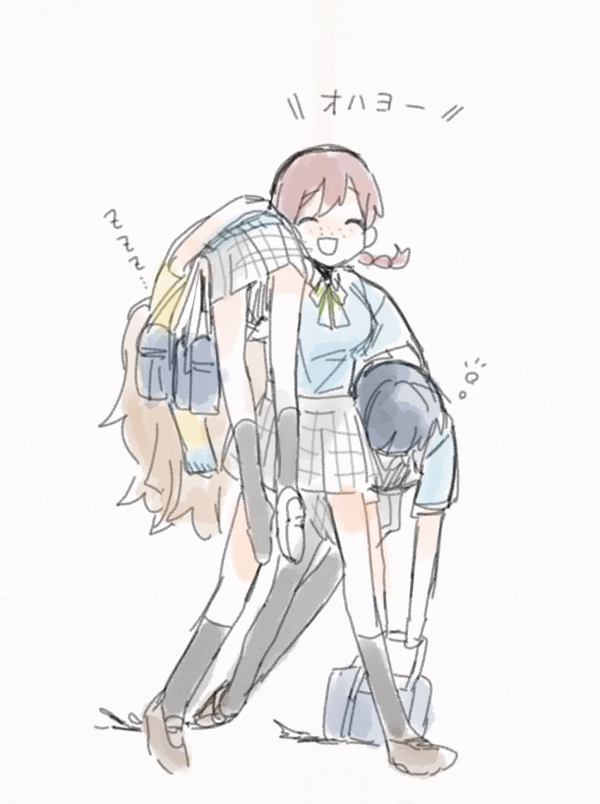 Safebooru - 3girls :d asaka karin bag black socks blue hair blue shirt braid brown hair carrying ...