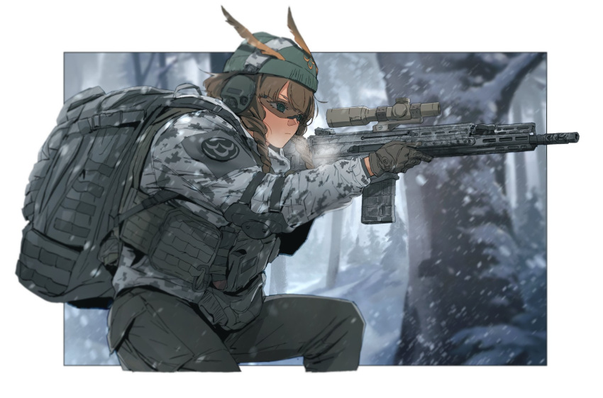 Safebooru - 1girl aiming backpack bag battle rifle beanie black gloves ...