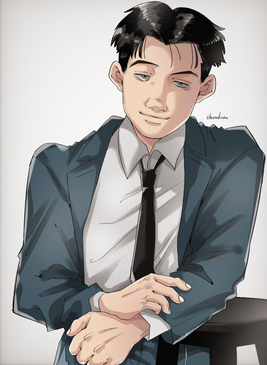Safebooru - 1boy artist name black hair black necktie chocokuru (pikupikupikuminn) grey suit ...