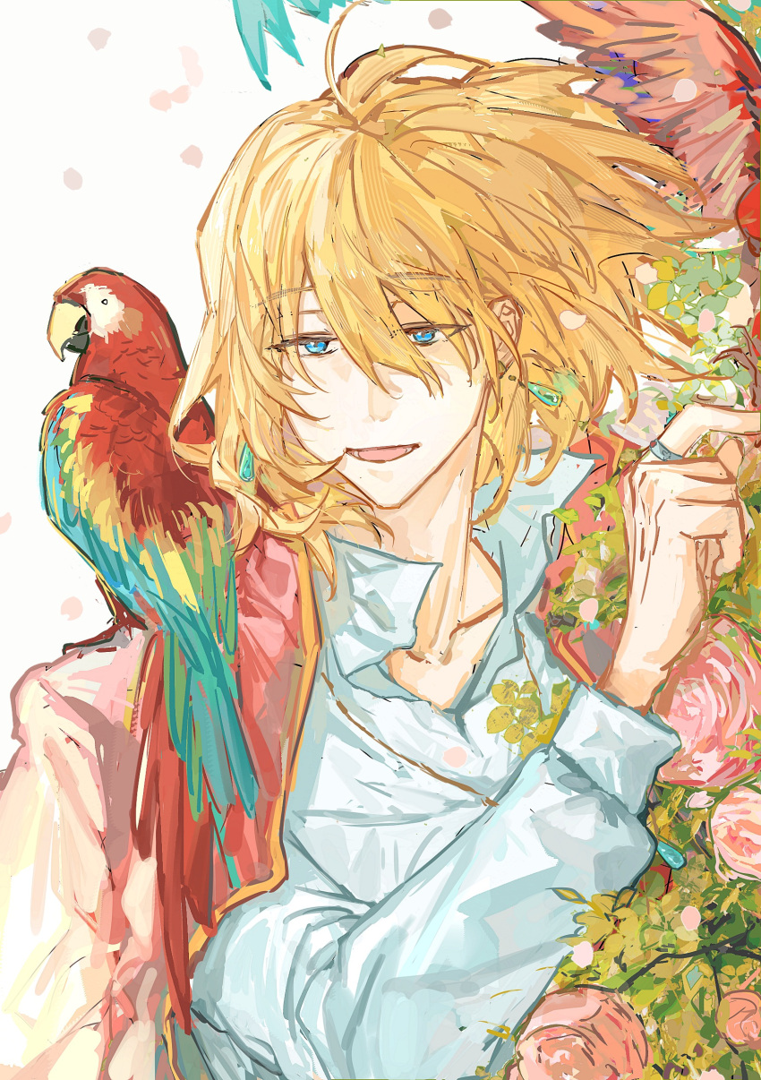Safebooru - 1boy absurdres bird blonde hair blue eyes collared shirt flower highres howl (howl ...